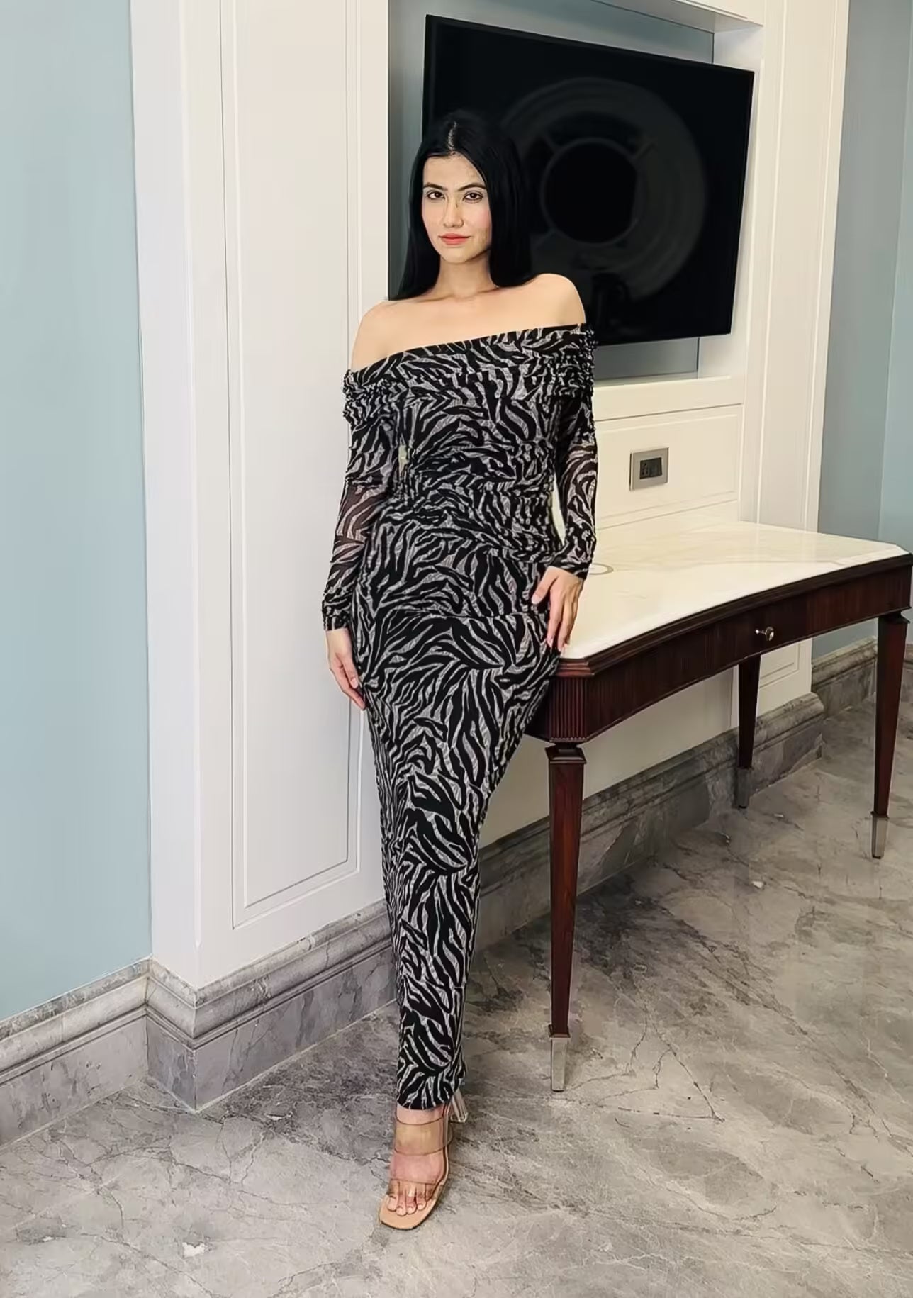Animal Print Off Shoulder Net Dress
