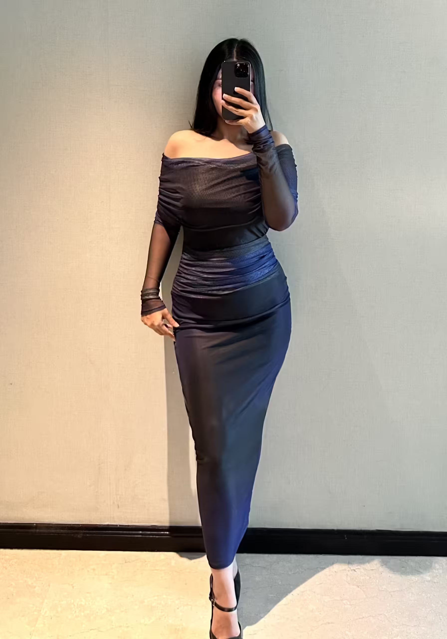 Dark Enigma Off Shoulder Mesh Dress